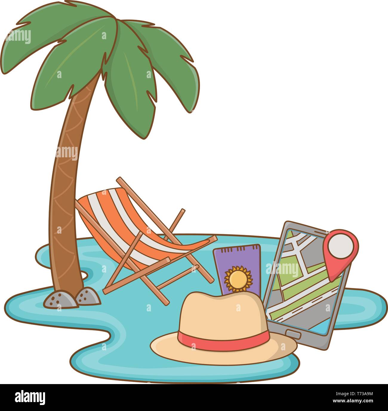 Tourist trip summer travel map with location marker hat sunblock lotion ...