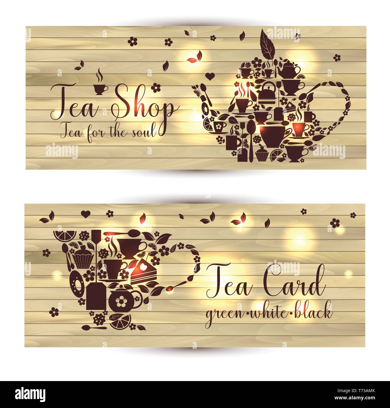 Vector banners of tea on wooden background. Teapot and cup of tea. Set ...