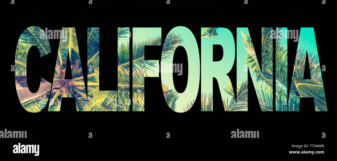Word California with palm trees on black background Stock Photo - Alamy