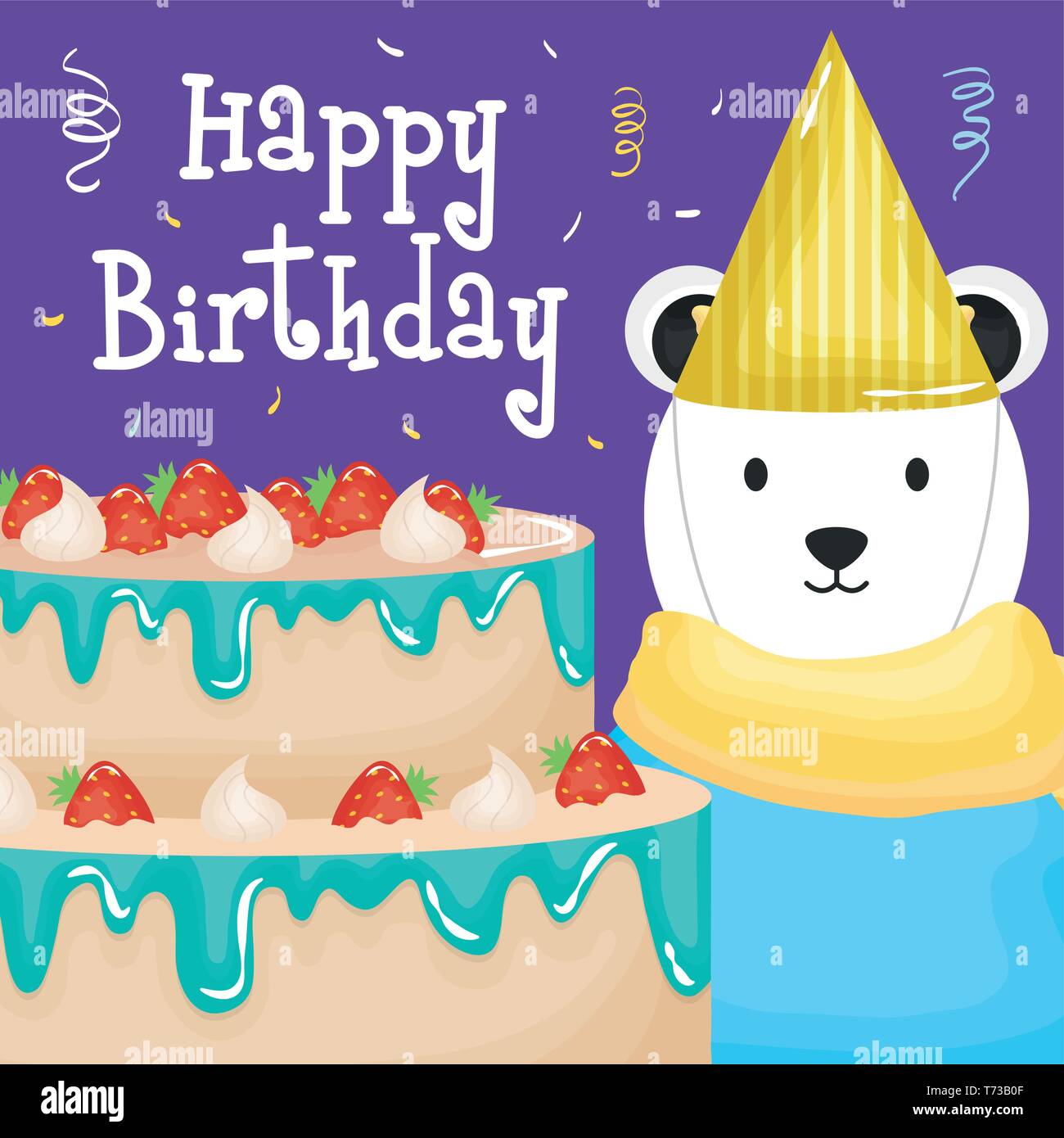 happy birthday card with polar bear and cake vector illustration design ...