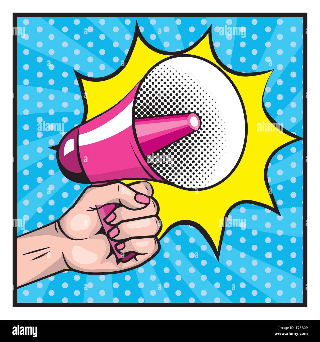 woman hand with megaphone pop art and star vector illustration Stock ...
