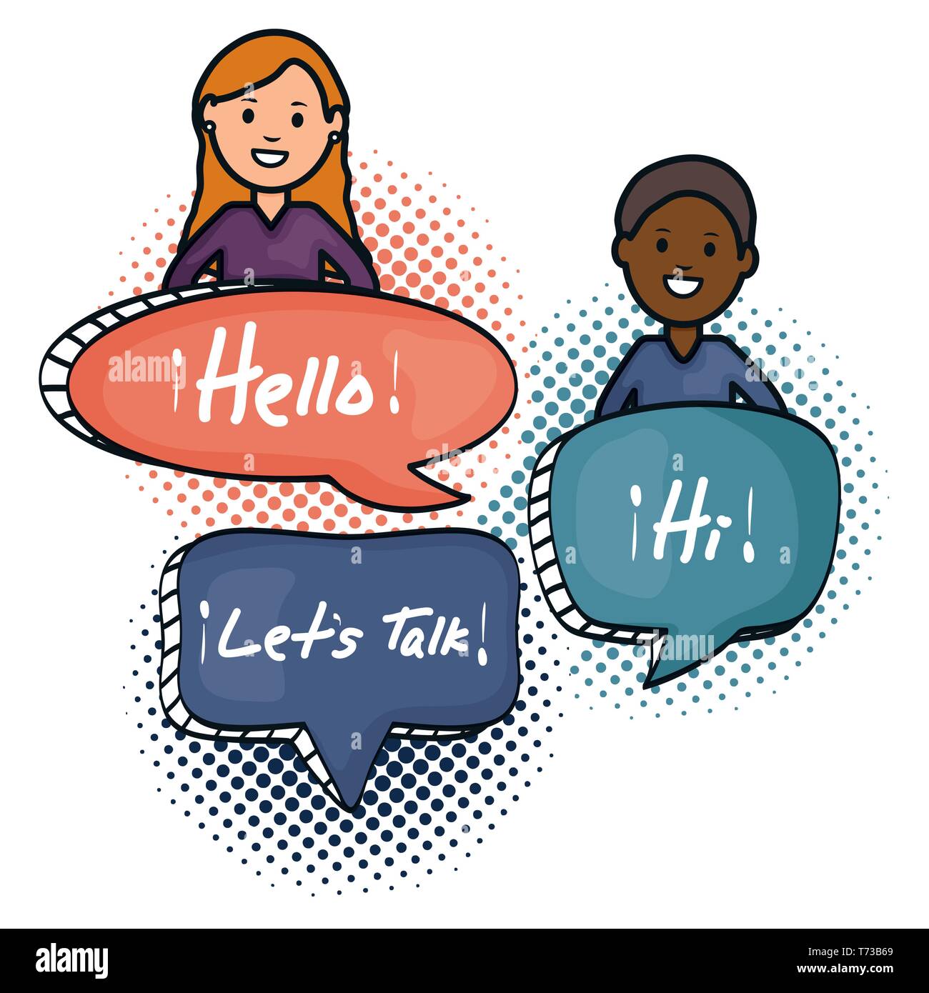 young couple with speech bubbles and hello messages vector illustration ...