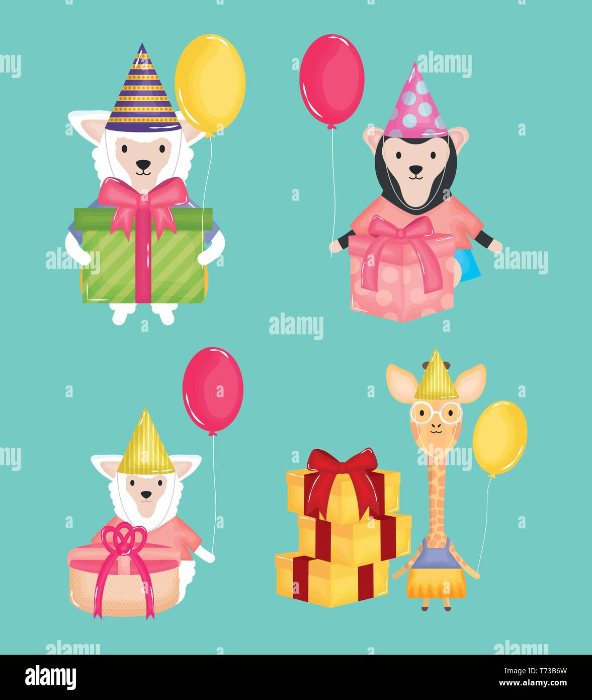 happy birthday card with animals characters vector illustration design ...