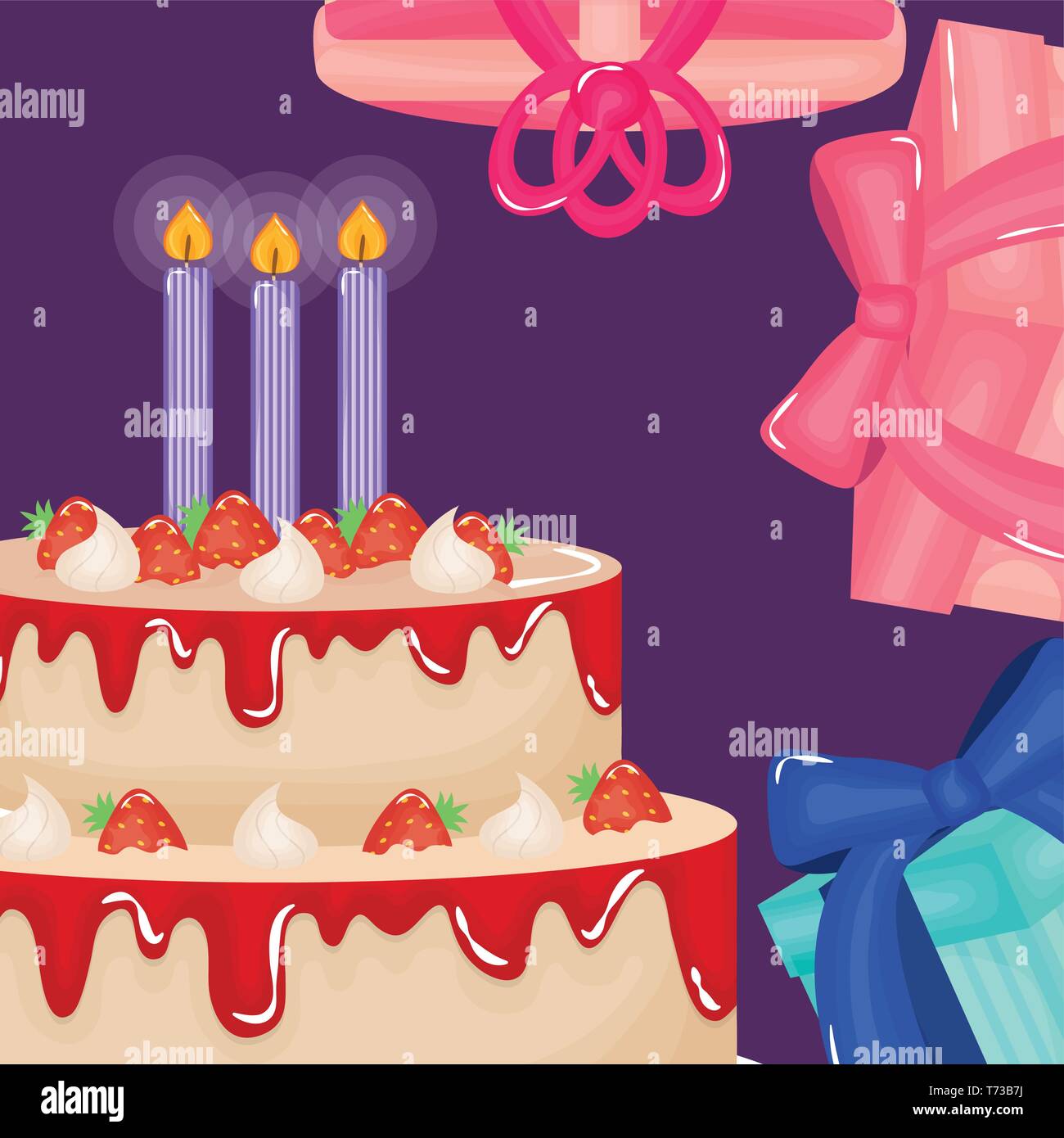 happy birthday card with gifts and cake vector illustration design ...
