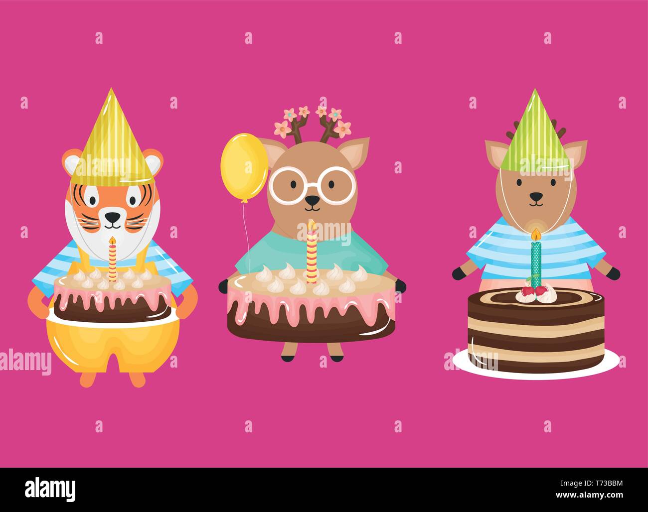 happy birthday card with animals characters vector illustration design ...