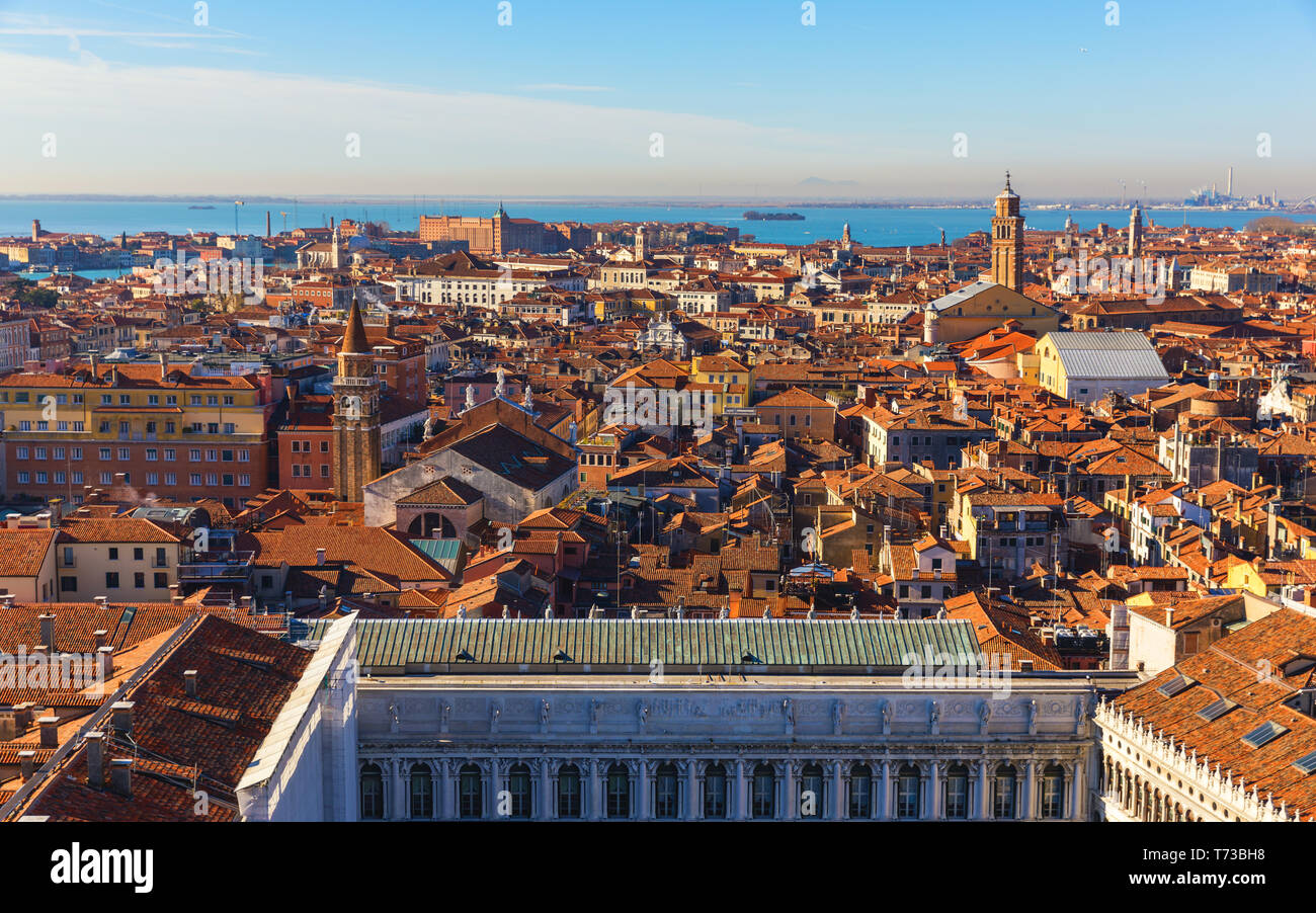 Venice panoramic aerial view with red roofs, Veneto, Italy. Aerial view ...