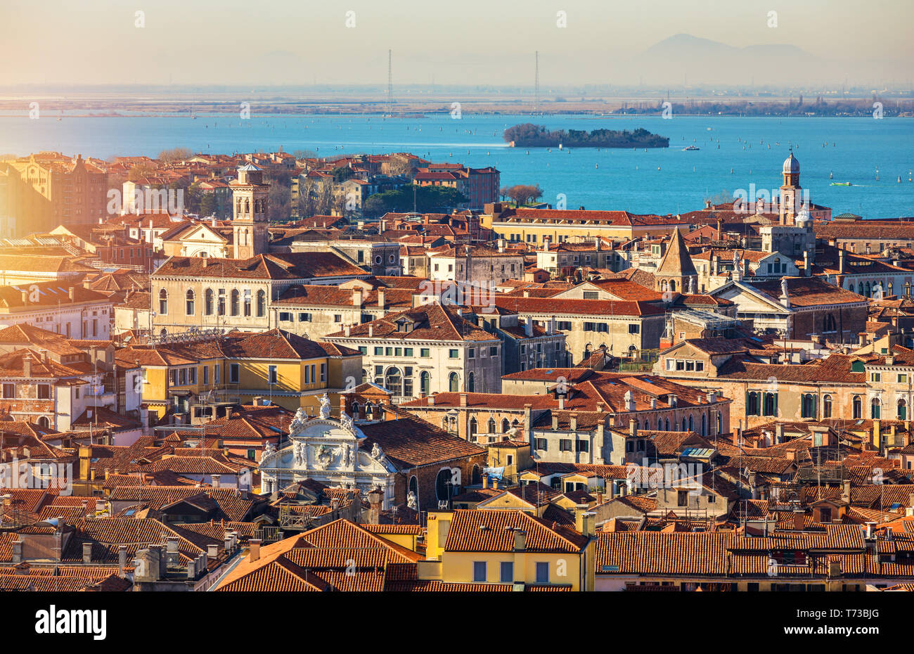 Venice panoramic aerial view with red roofs, Veneto, Italy. Aerial view ...