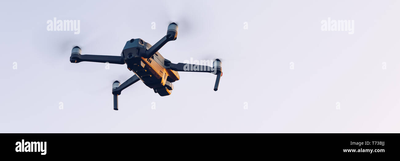 Drone flying over landscape. UAV drone copter flying with digital ...