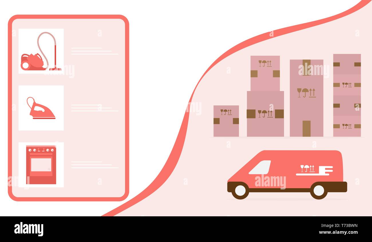 Vector illustration with order goods online. Warehouse, delivery. Cargo ...
