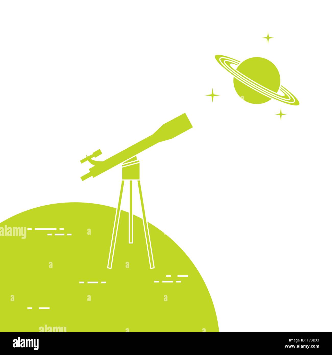 Vector illustration with telescope, planet Saturn with ring system ...