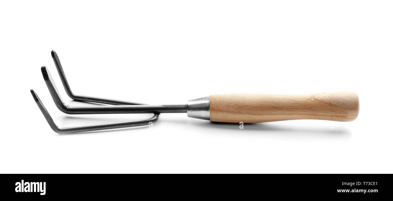 Metal rake for gardening on white background Stock Photo - Alamy