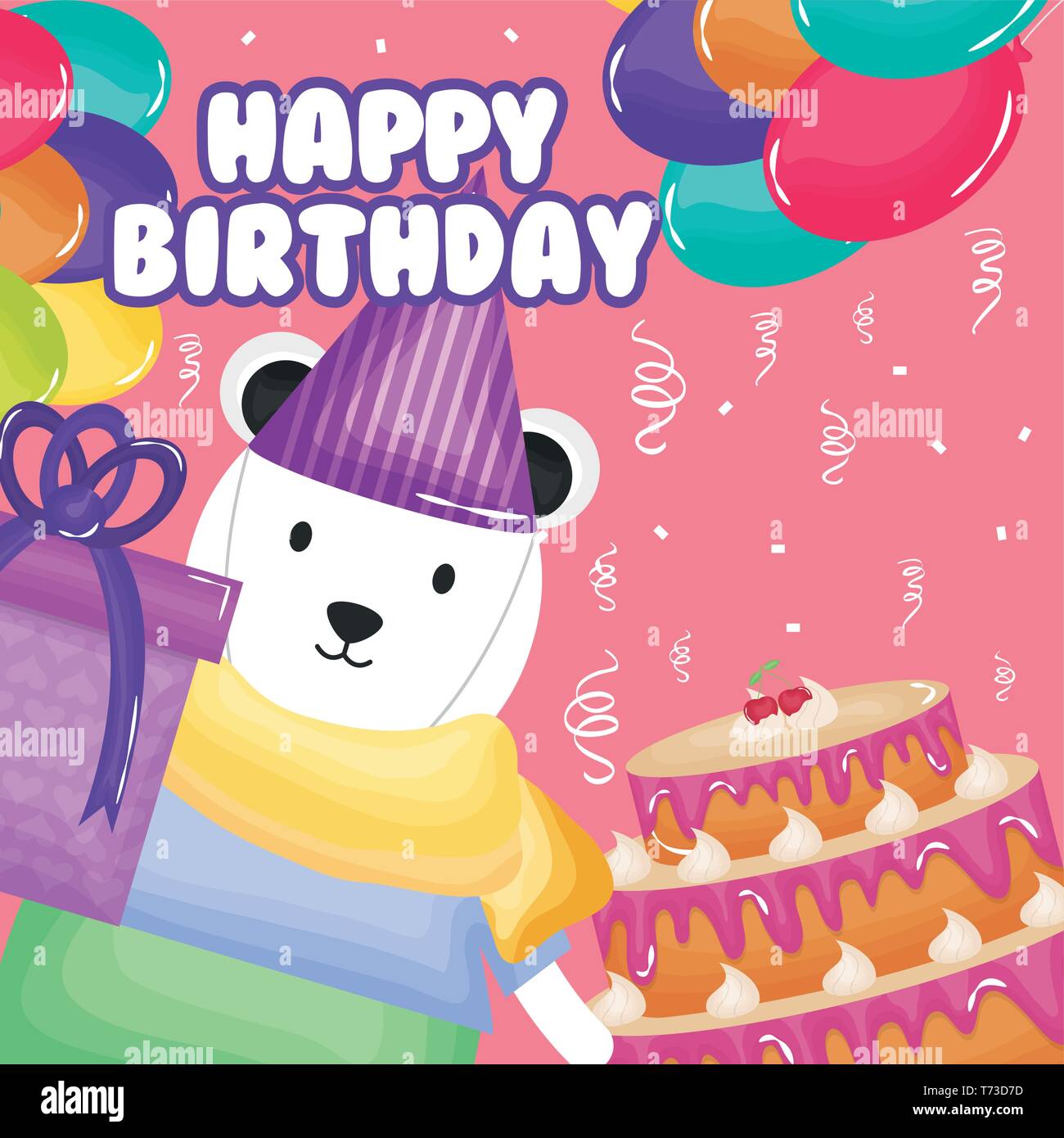 happy birthday card with polar bear and cake vector illustration design ...