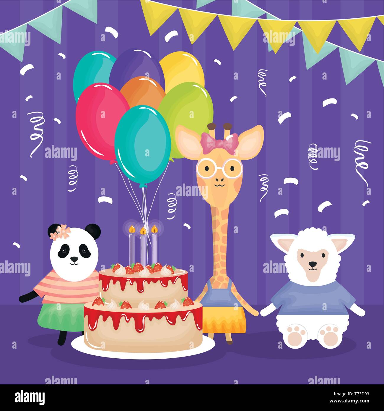 happy birthday card with animals characters vector illustration design ...