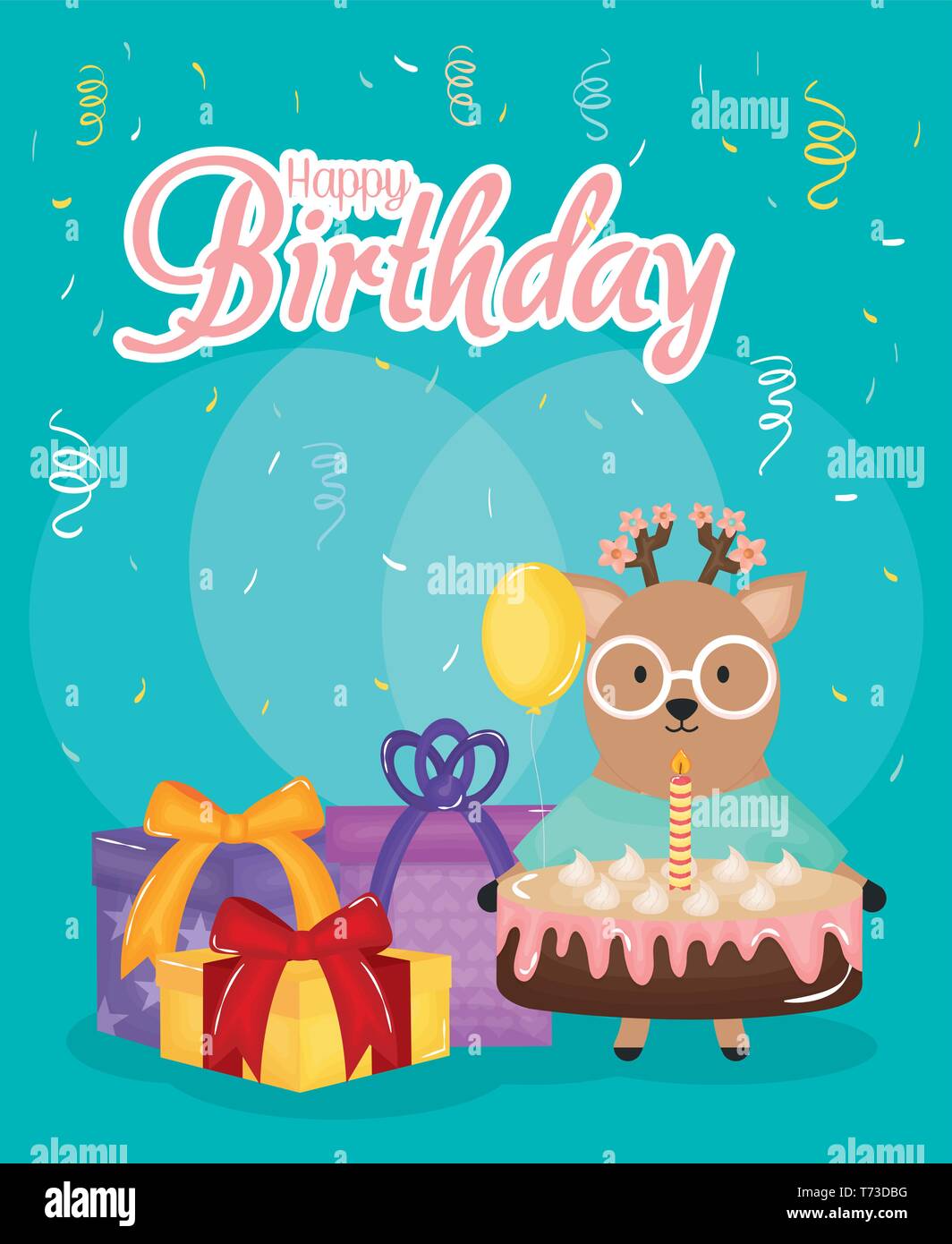 happy birthday card with reindeer and cake vector illustration design ...