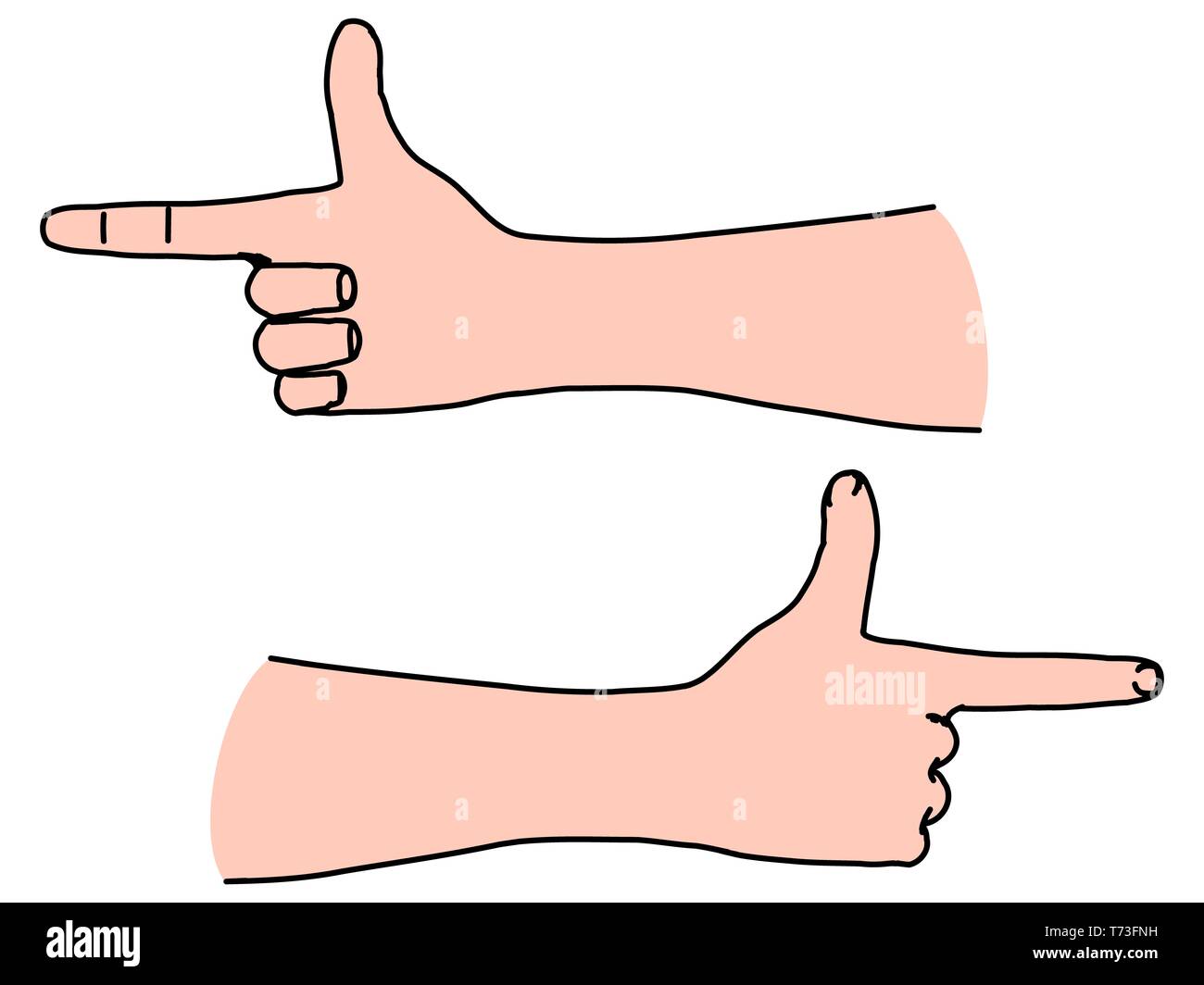 Horizontal hand with human index finger directing the way forward or ...