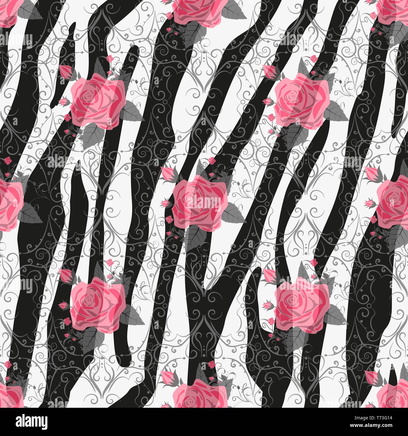 Zebra Stripes with red rose Flowers Seamless Pattern. Zebra print ...