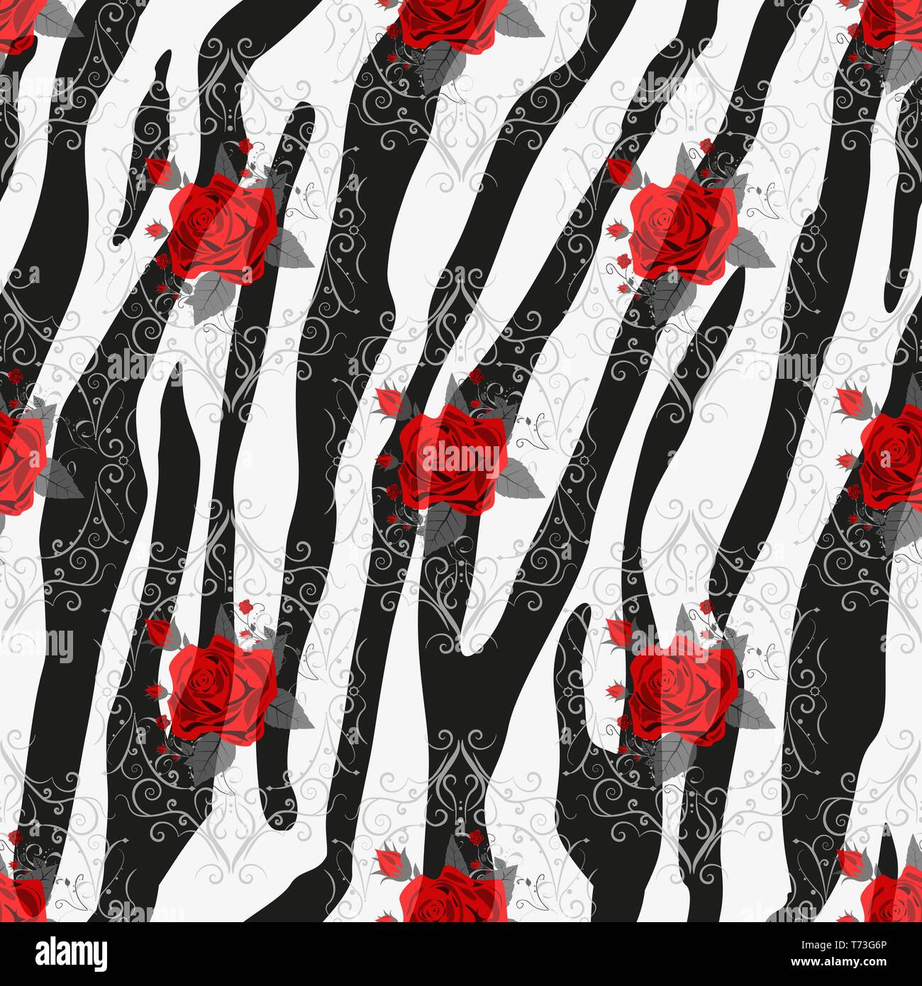 Zebra Stripes with red rose Flowers Seamless Pattern. Zebra print ...