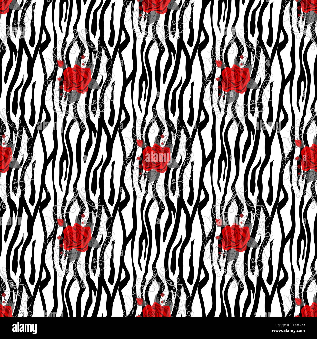 Zebra Stripes with red rose Flowers Seamless Pattern. Zebra print ...