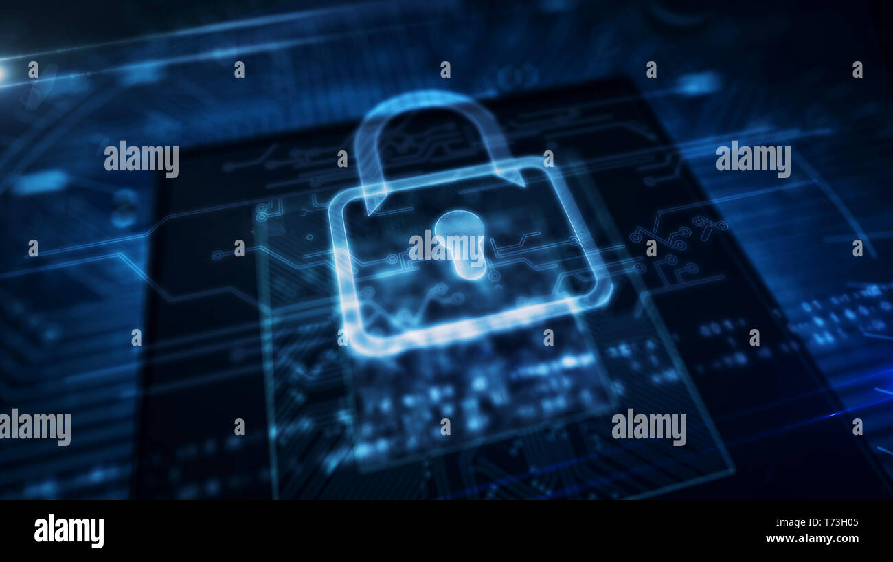 Cyber security concept with padlock hologram display over working cpu in background. Futuristic ...