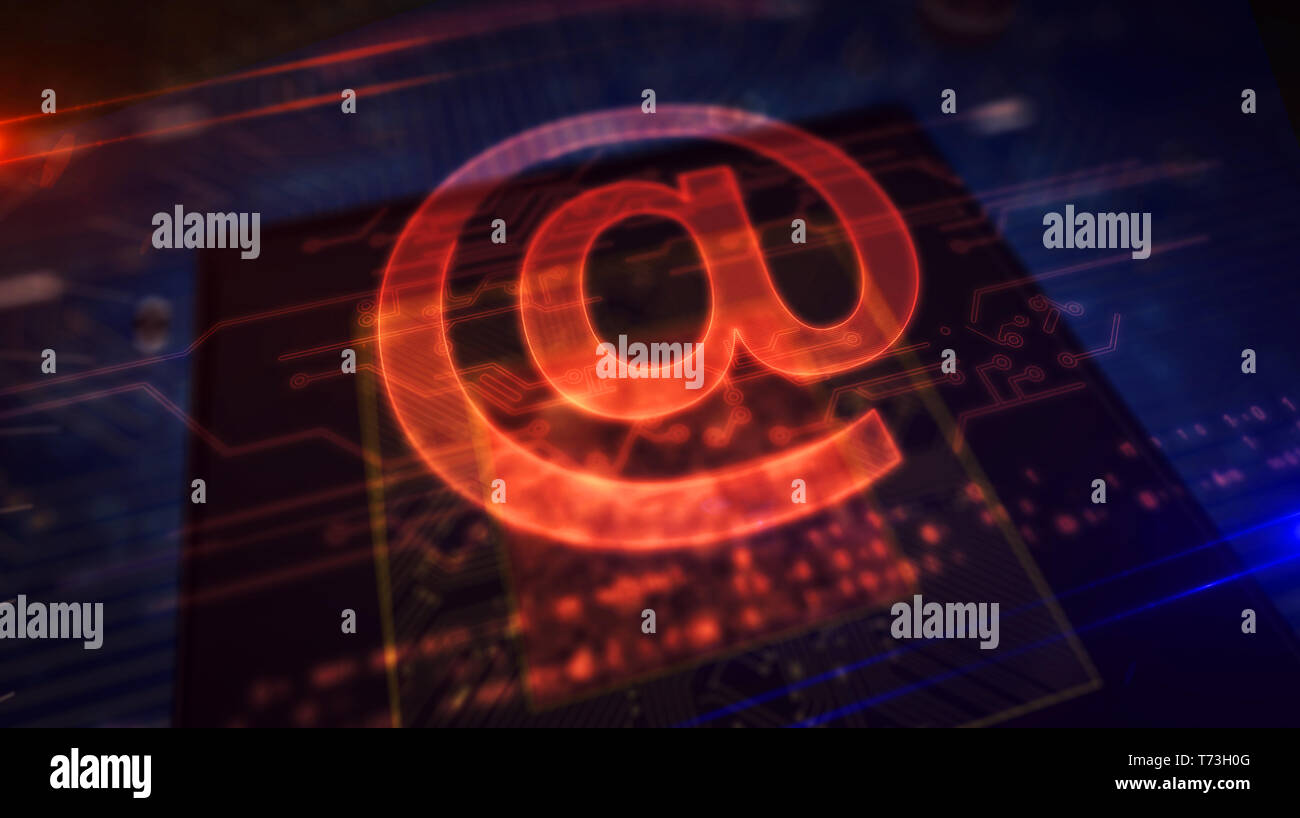 Email address concept with at @ mail hologram display over working cpu ...