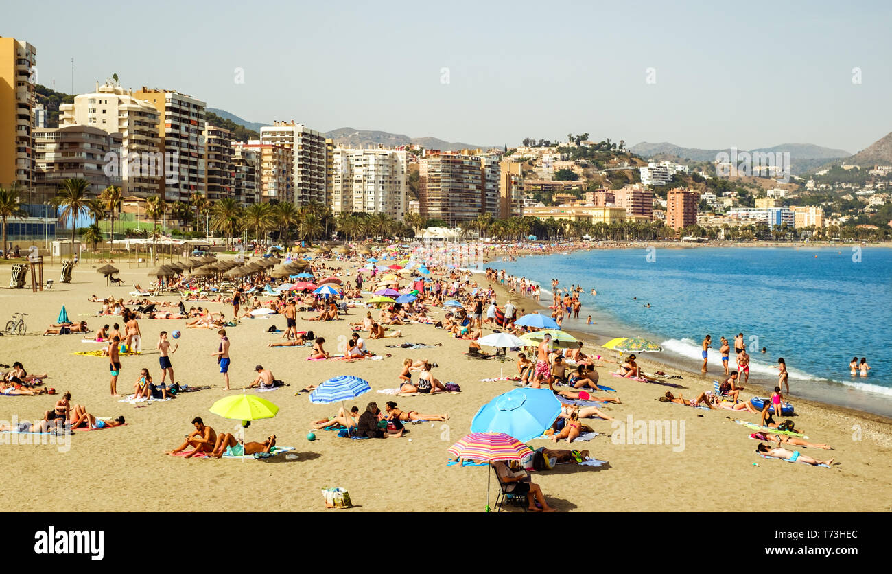 Malaga, Spain - July 27, 2018. People on Malagueta beach, Malaga, Costa ...