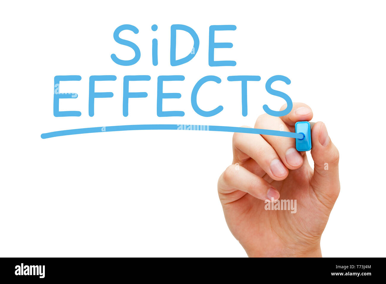 Hand writing Side Effects with blue marker on transparent wipe board ...