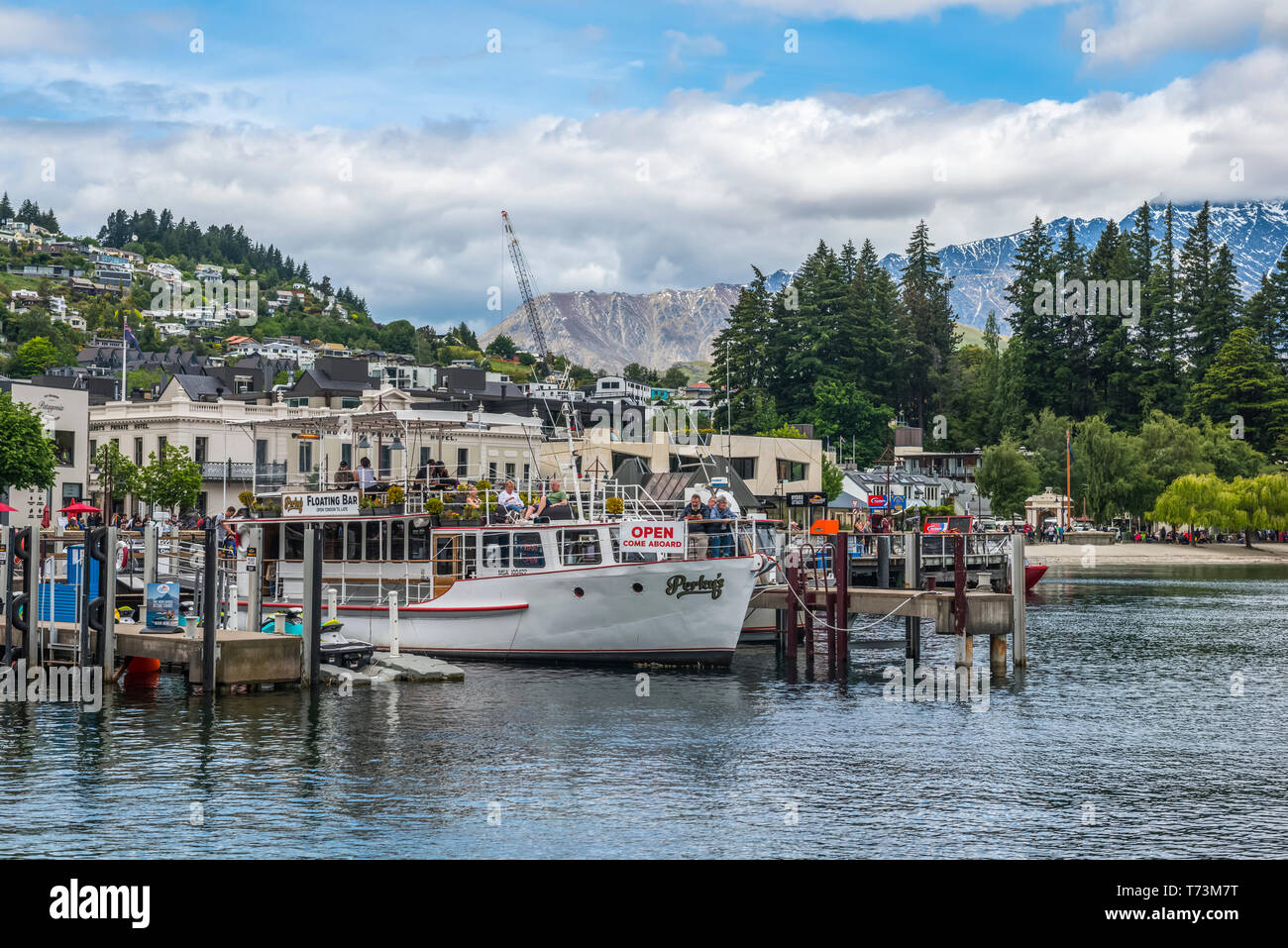 Queenstown pier and neighbouring mountain slopes; Queenstown, South ...