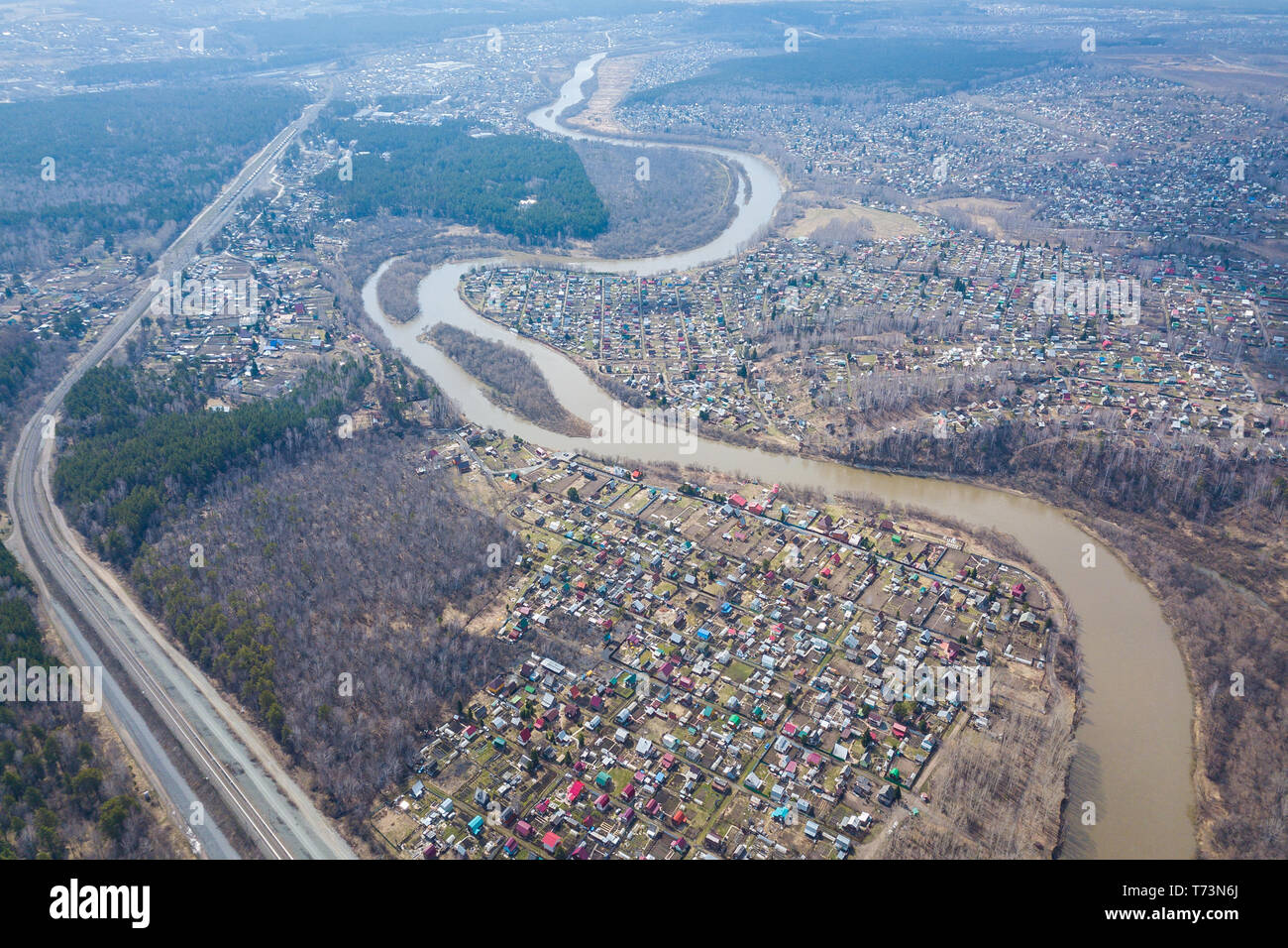 Aerial view, panorama: landscape of river, beach and forest, village ...