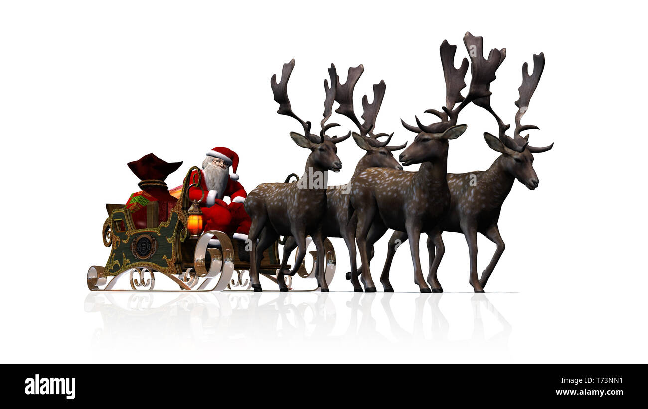 Santa Claus with sleigh and reindeers - isolated on white background ...