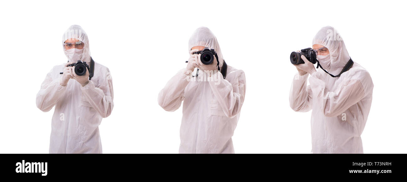 Forensic specialist in protective suit taking photos on white Stock ...