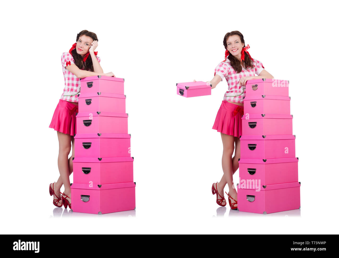 Young woman with storage boxes on white Stock Photo - Alamy