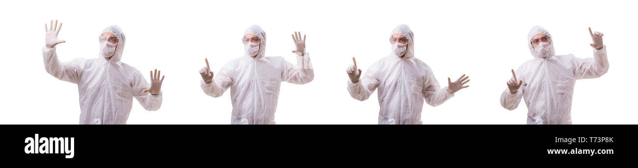 Man in protective suit isolated on white background Stock Photo - Alamy
