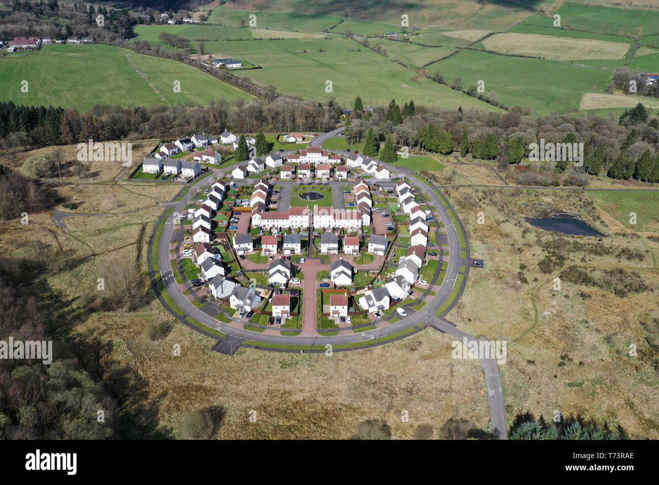 Aerial drone view of oval shaped housing development UK Stock Photo - Alamy