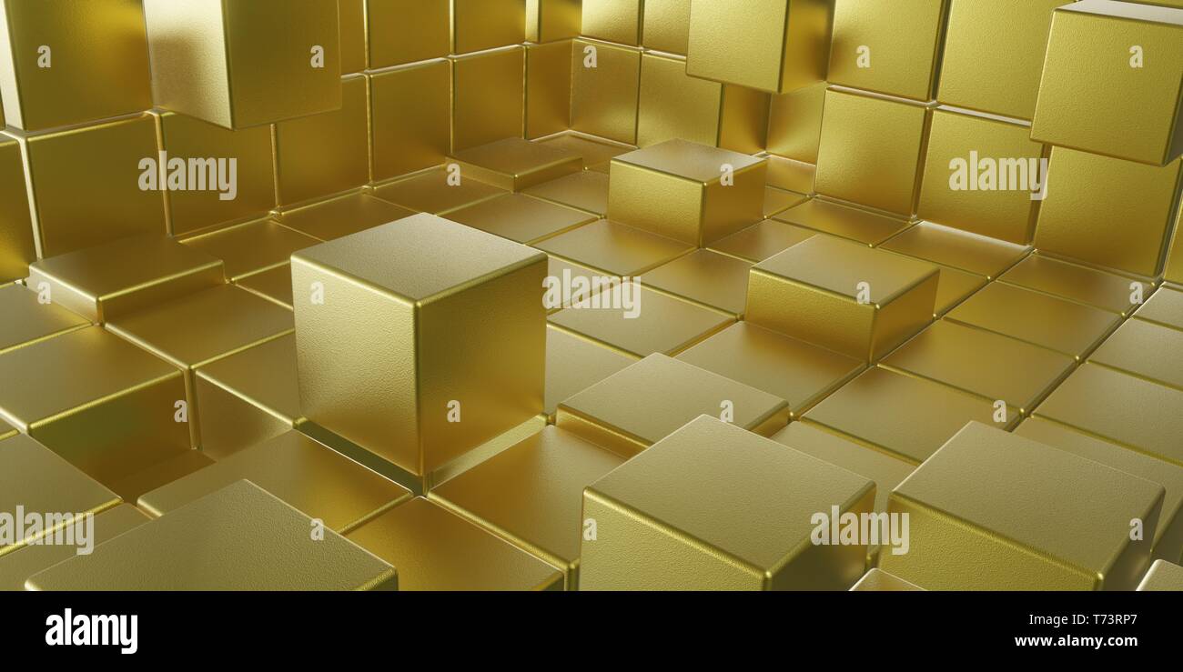 3d illustration of golden room with cube in isometric view Stock Photo ...
