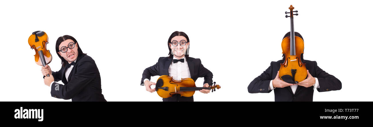Funny man with music instrument on white Stock Photo - Alamy