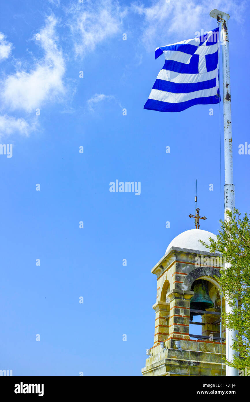 National symbol of Greece, blue-white greek flag on flagpole and blue ...