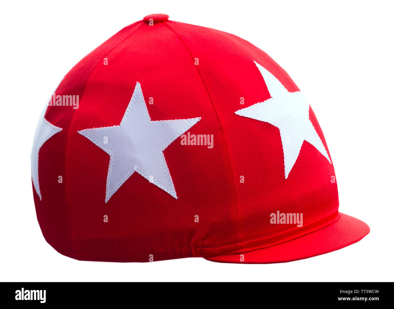 Jockey's headdress, red round cap with visor isolated on white ...