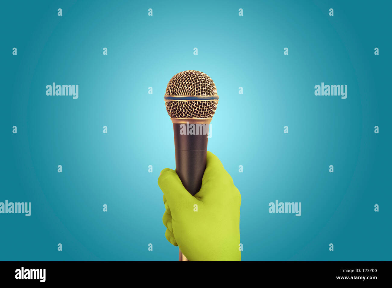 green hand holding microphone for the interview over blue background ...