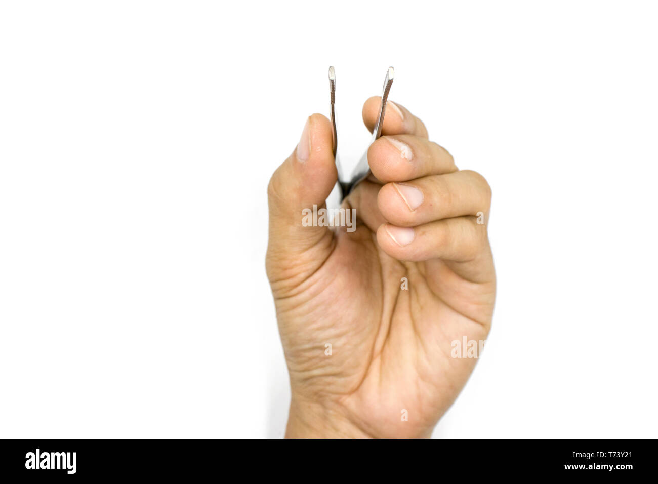 A male hand holding Tweezers, medical pinsetter, man hand isolated on ...