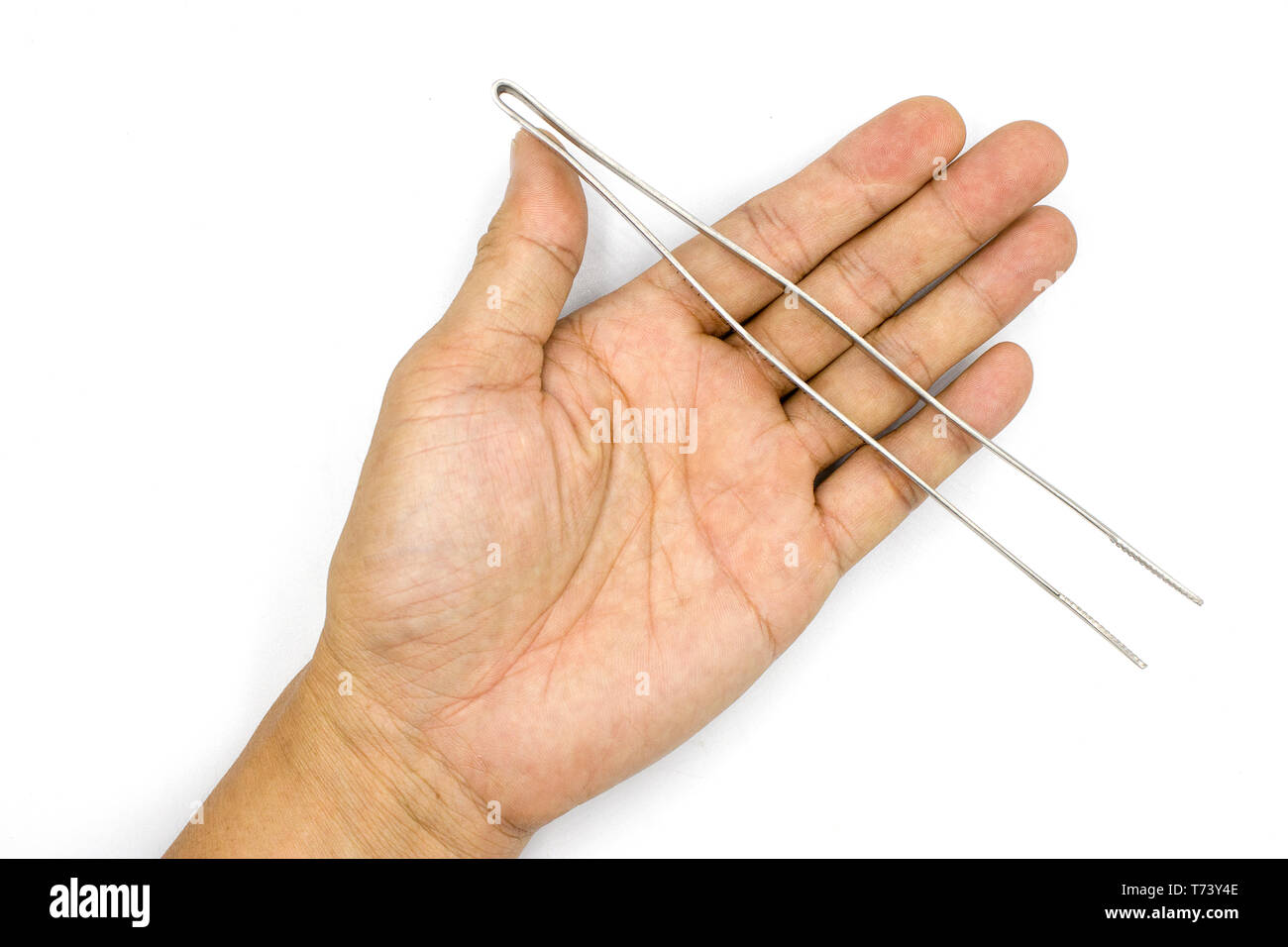 A male hand holding Tweezers, medical pinsetter, man hand isolated on ...