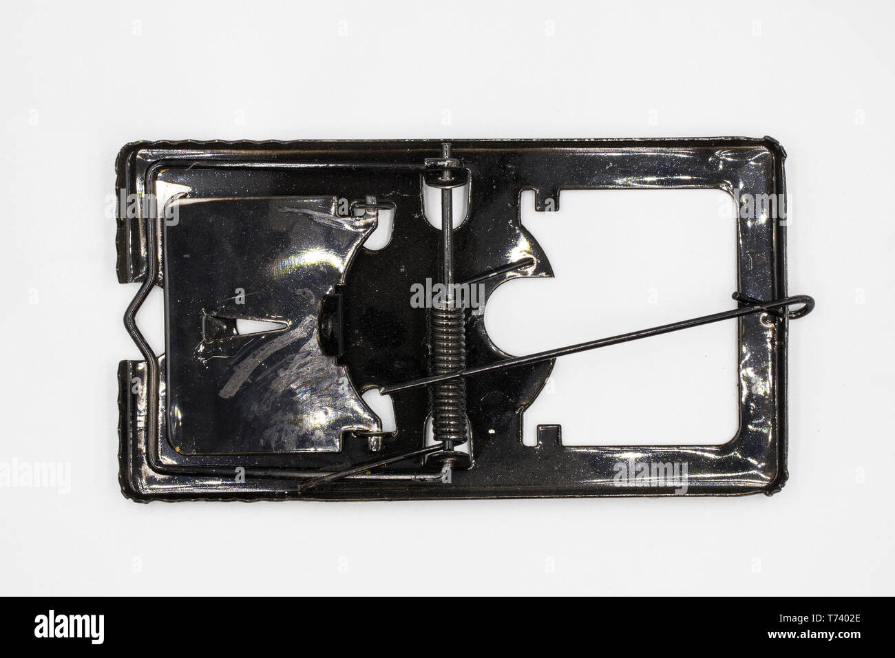 steel mouse trap and bait, dirty mouse trap isolated on white ...