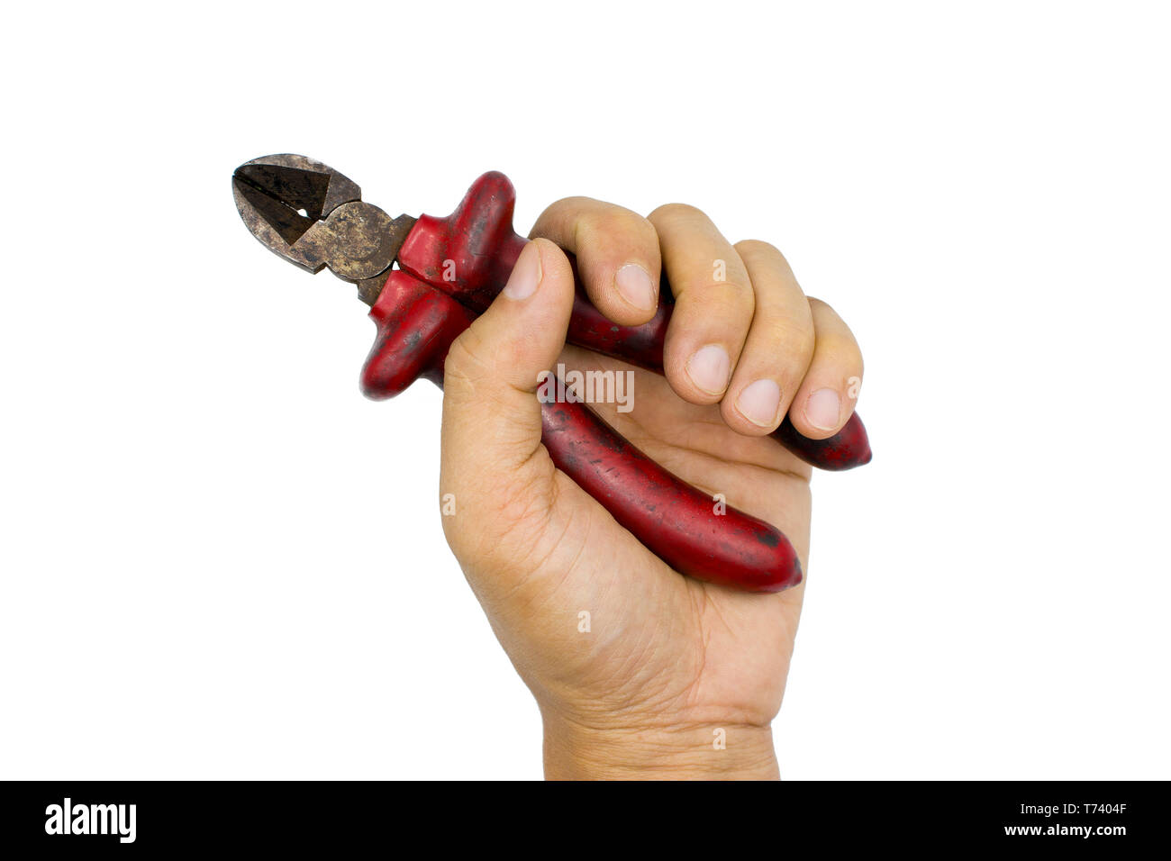 A male hand holding a pair of pliers, man hand isolated on white ...