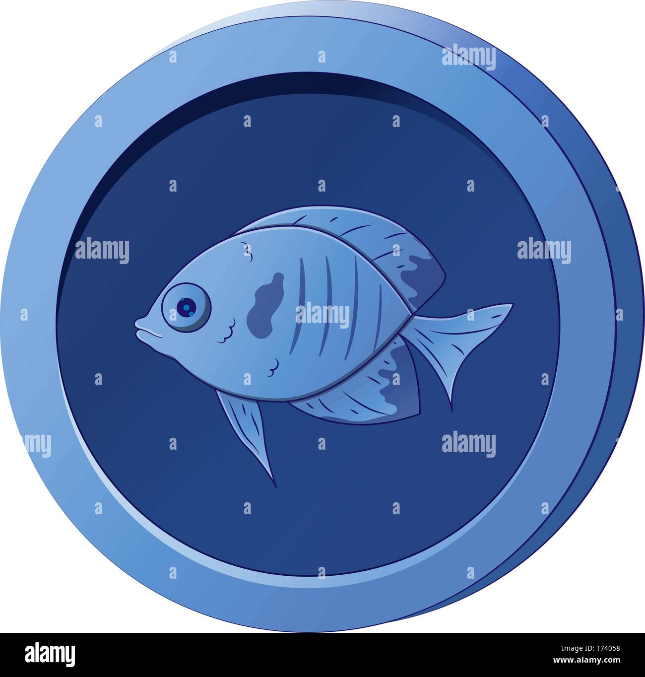 Blue coin with the image of a fish. Vector illustration for game design ...