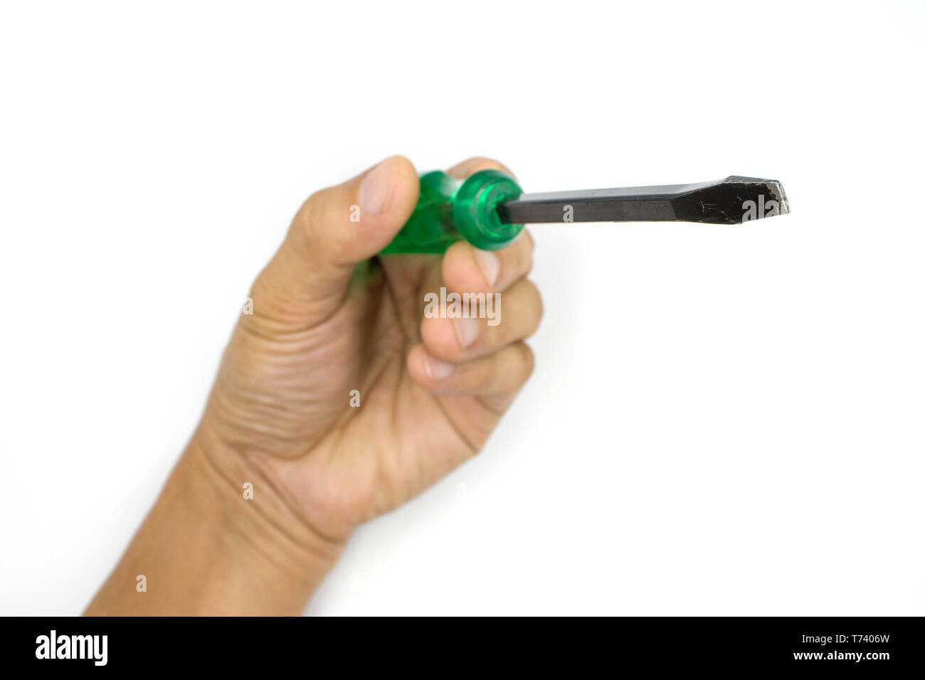 Male hand holding green screwdriver, man hand isolated on white ...