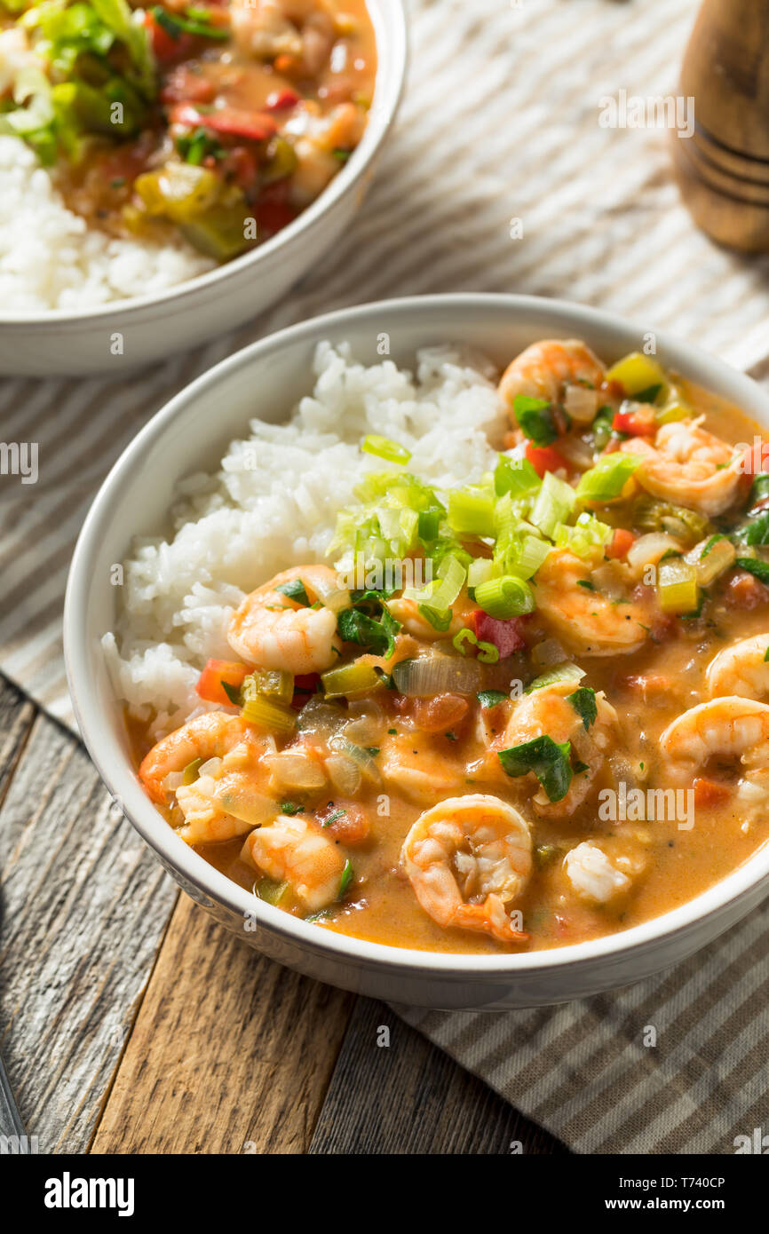 Spicy Homemade Cajun Shrimp Etouffee with White Rice Stock Photo - Alamy