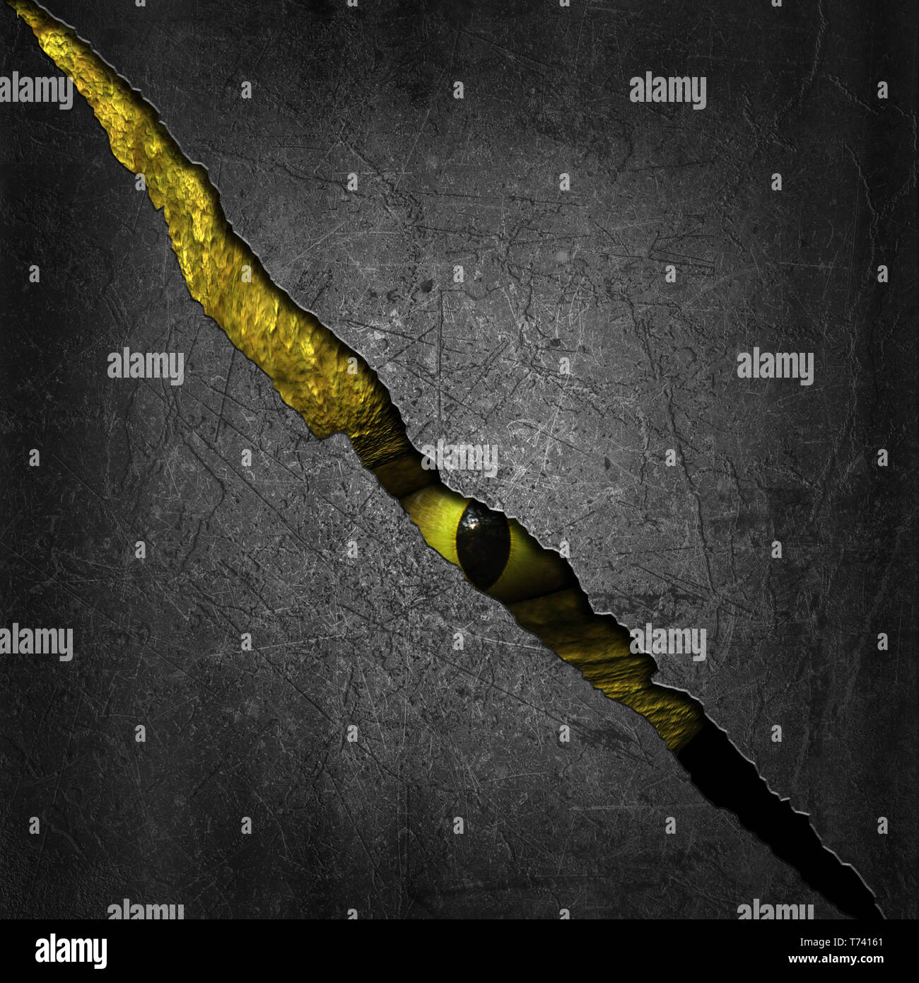 Grunge metal background with evil alien eye staring through the crack ...