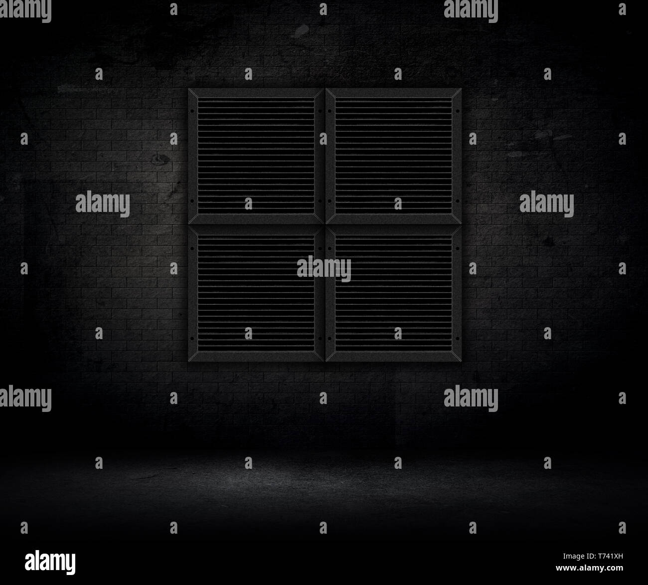 3D render of a grunge interior with metal grates on brick wall Stock ...