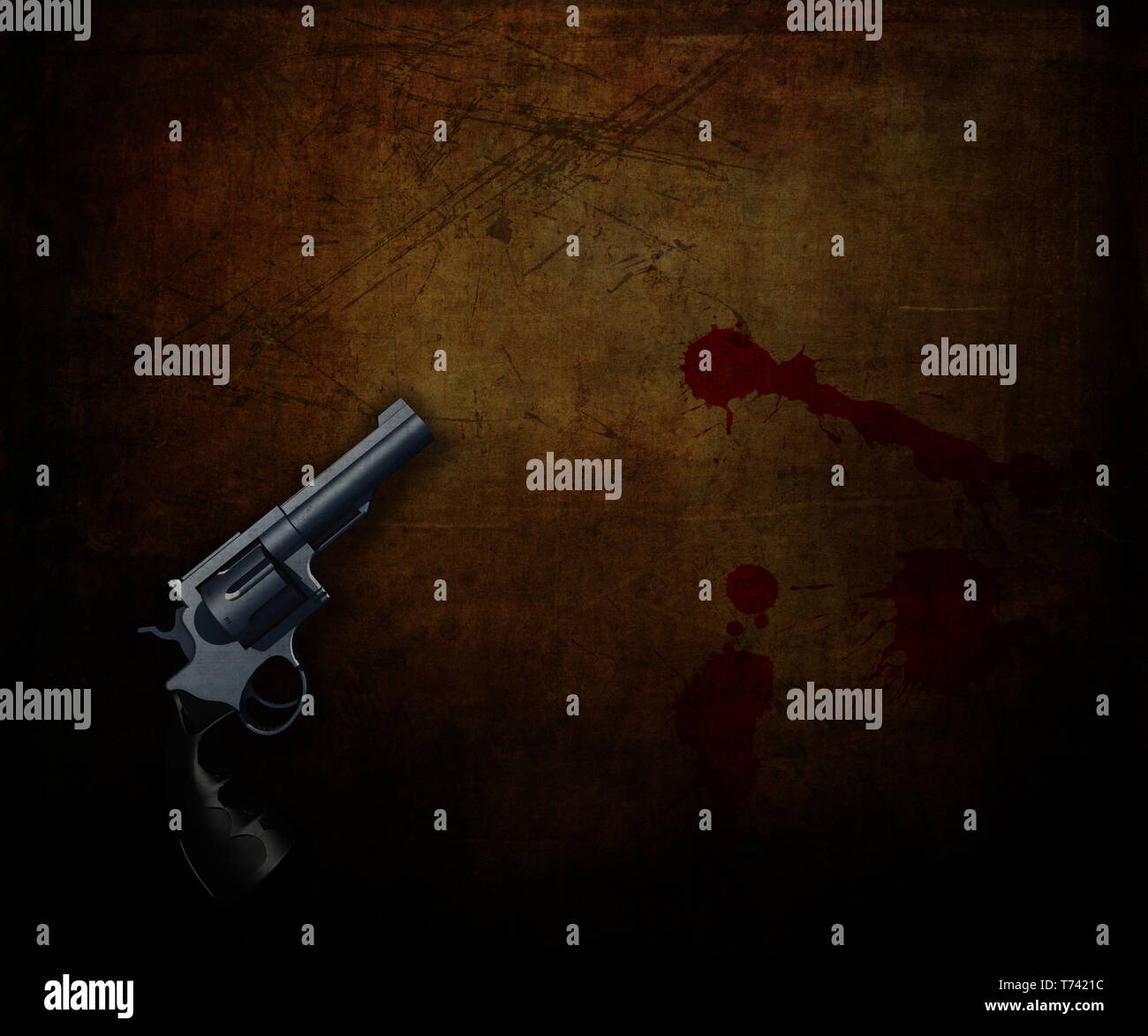 3D render of a handgun on a grunge background with blood splatters ...