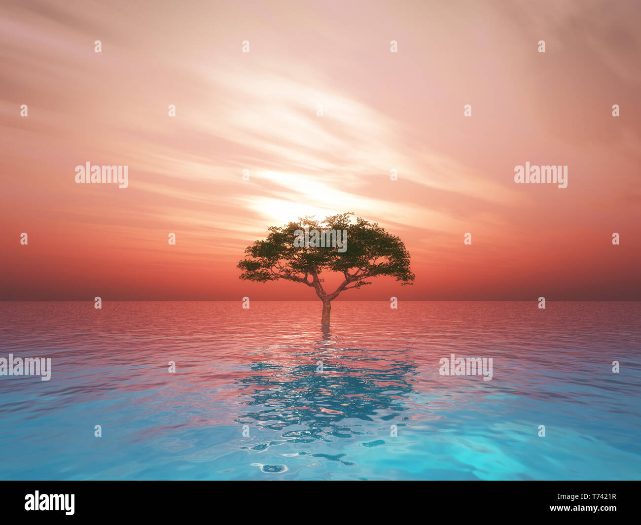 3D render of a landscape with tree in ocean against a sunset sky Stock ...