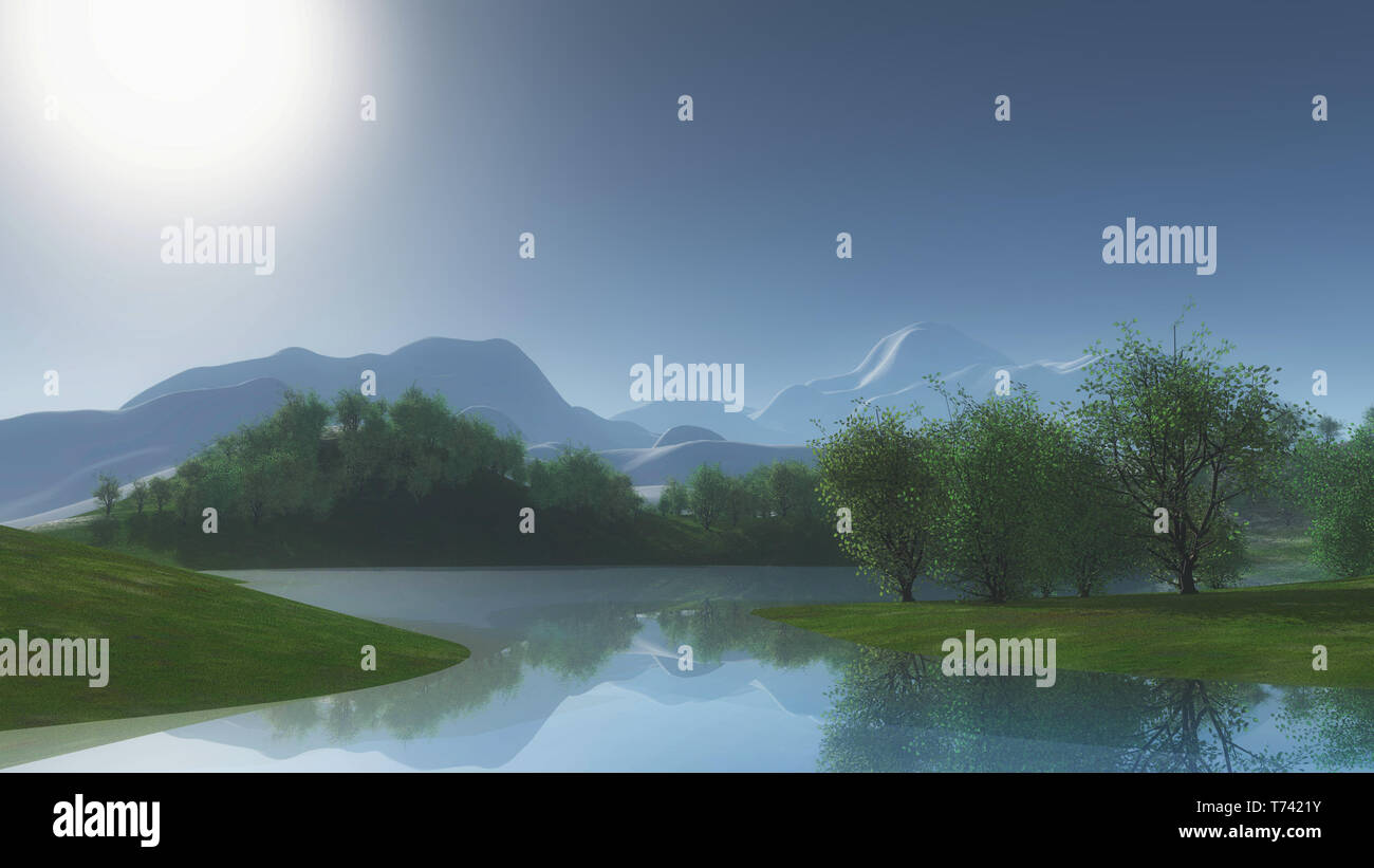3D render of a landscape with trees against lake side Stock Photo - Alamy